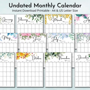 Undated Floral Monthly Planner Printable, Perpetual Calendar, Undated ...