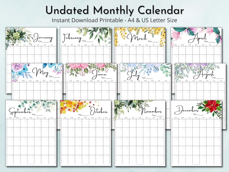 Undated Floral Monthly Planner Printable Perpetual Calendar - Etsy