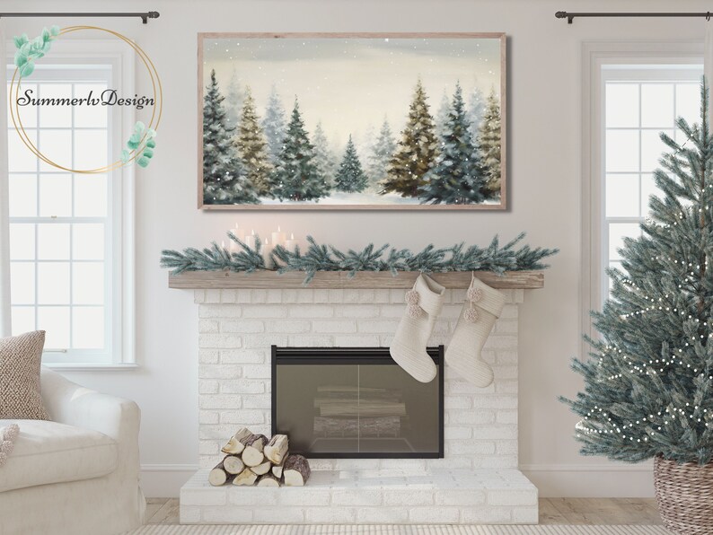 Christmas Frame TV Art, Winter Pine Tree Forest Painting, Christmas ...