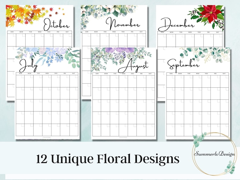 Undated Floral Monthly Planner Printable, Perpetual Calendar, Undated ...
