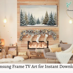 Christmas Frame TV Art, Winter Pine Tree Forest Painting, Christmas ...