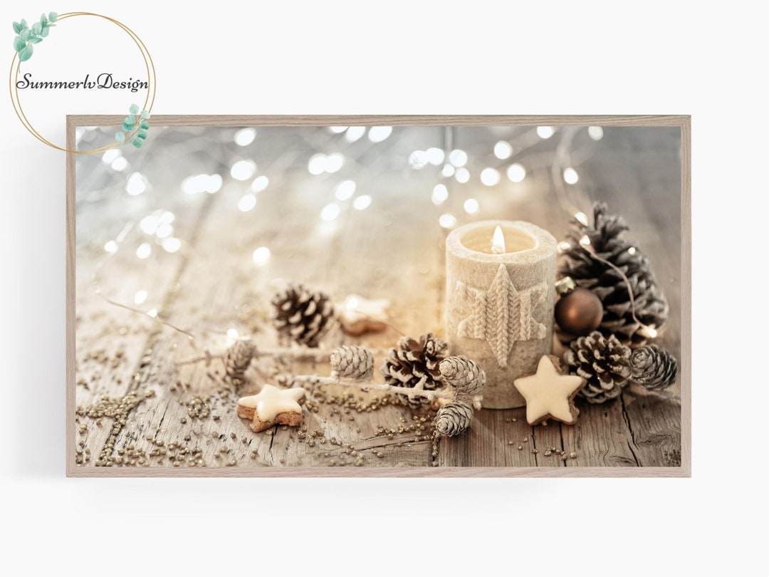 Samsung Frame TV Art, Christmas, Candle, Pine Cones, Magic Bokeh Lights ...