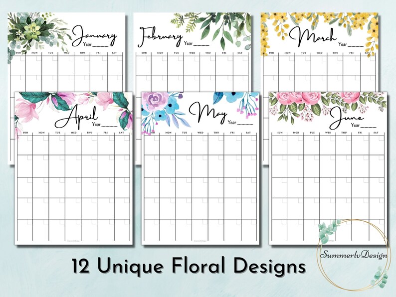 Undated Floral Monthly Planner Printable Perpetual Calendar - Etsy