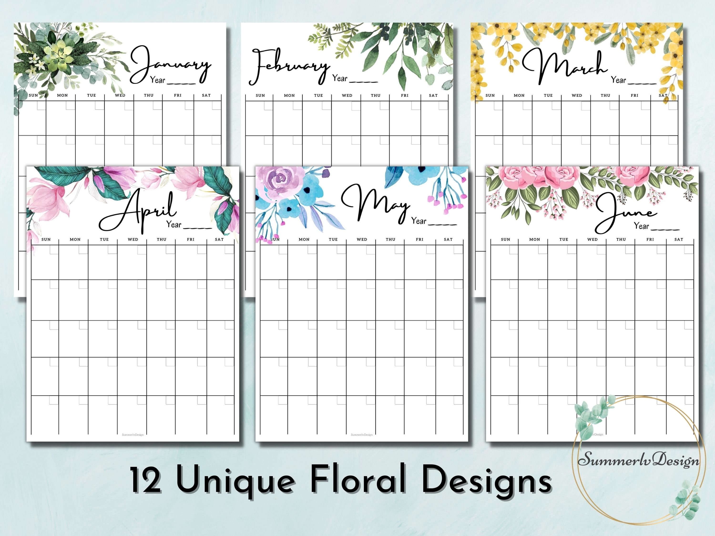 Undated Floral Monthly Planner Printable Perpetual Calendar - Etsy