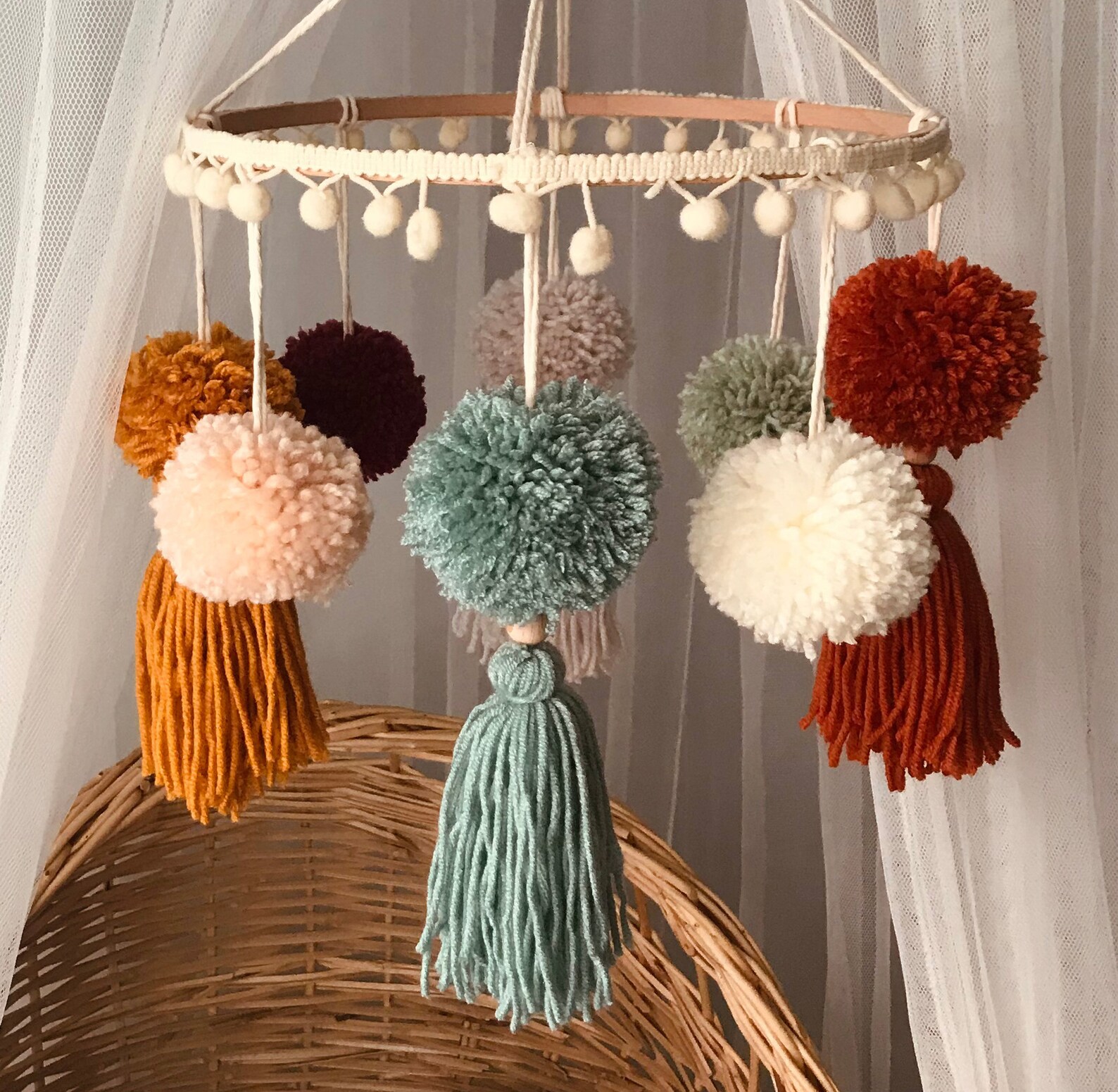 Pom Pom Baby Mobile-boho Nursery Decor-boho Rainbow - Etsy