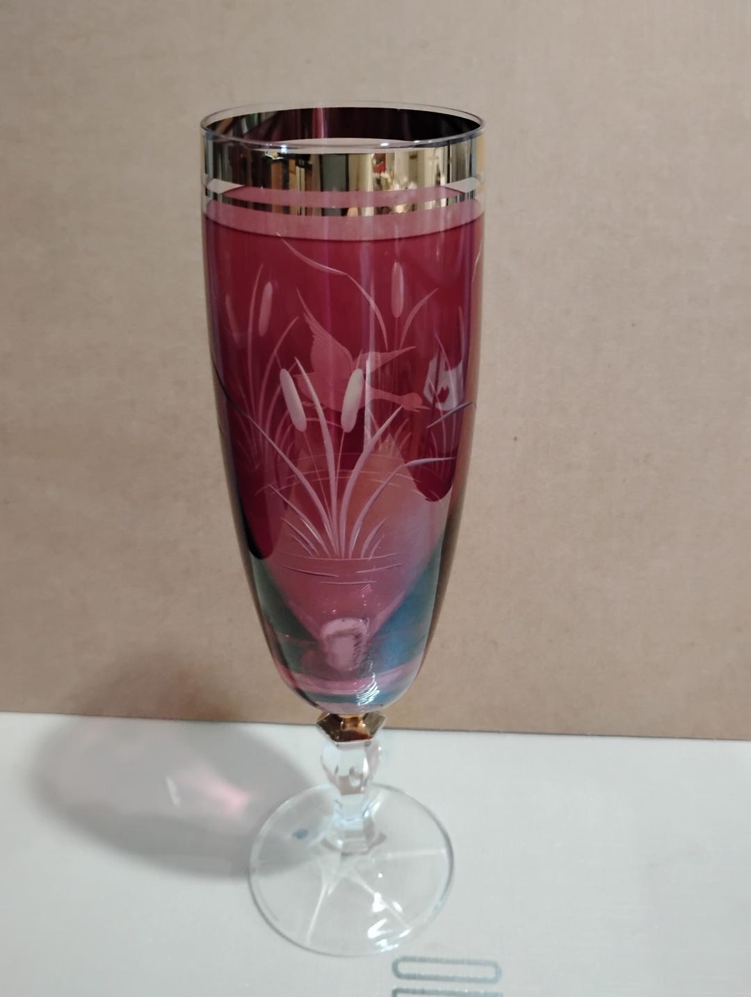 Champagne Glass Ruby Red With Gold Trim Etched Geese and Cattails 8 ...