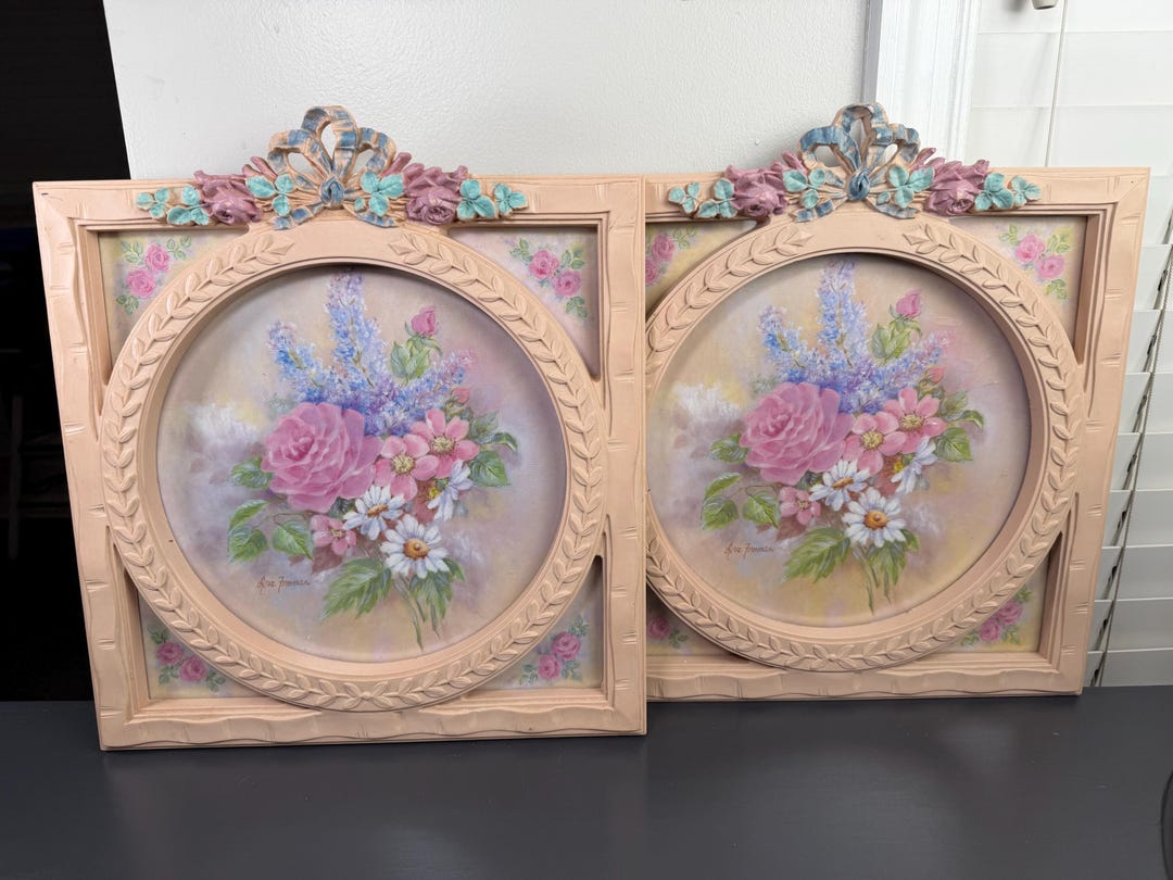 Pair 1980s Vintage Ava Freeman Framed Floral Rose Bouquet Art, Homco ...