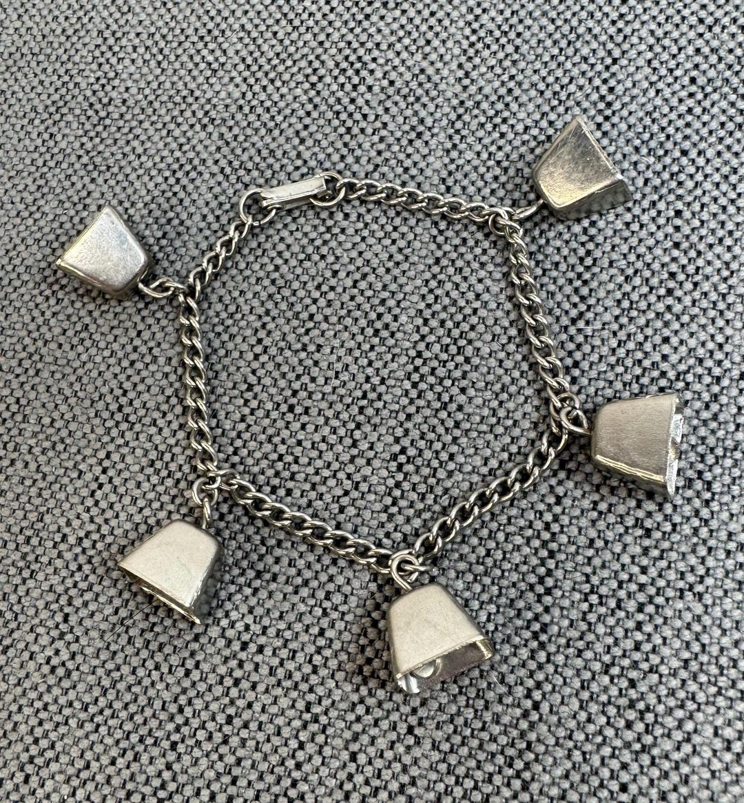 Vintage Ringing Bell Charm Bracelet Silver Tone Linked 6”, Fold Over ...