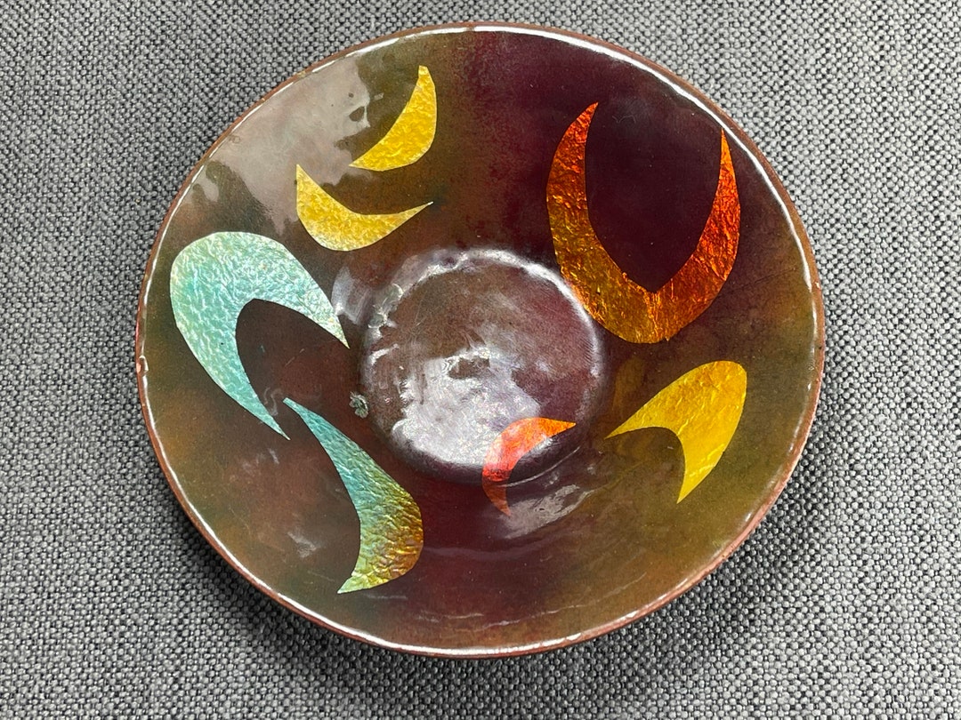 RARE Vintage Geometric Moon Reflective Orange, Blue, Yellow Gold Enamel ...