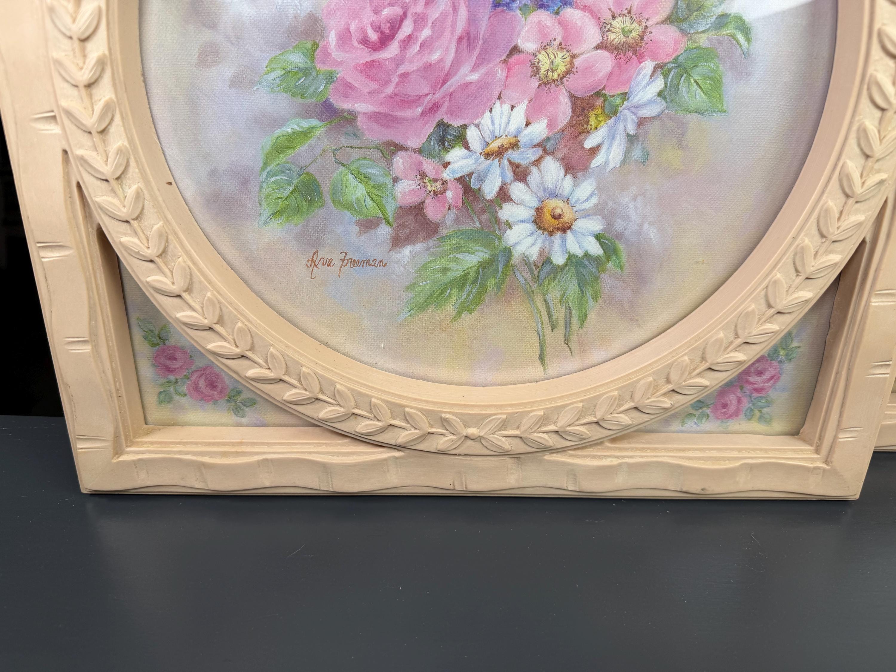 Pair 1980s Vintage Ava Freeman Framed Floral Rose Bouquet Art, Homco ...