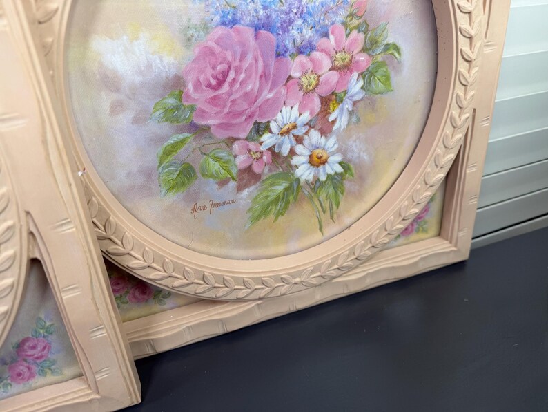 Pair 1980s Vintage Ava Freeman Framed Floral Rose Bouquet Art, Homco ...