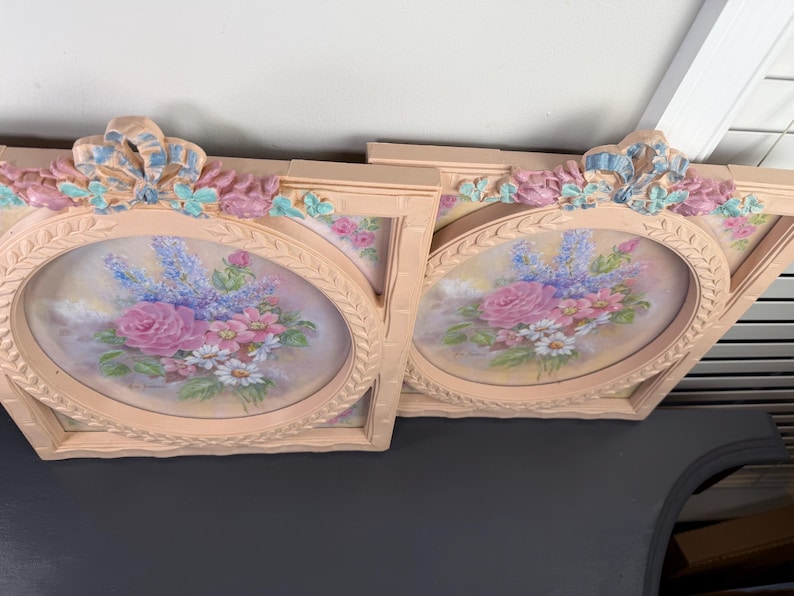 Pair 1980s Vintage Ava Freeman Framed Floral Rose Bouquet Art, Homco ...