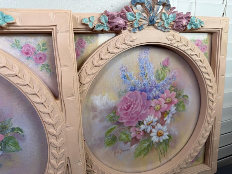 Pair 1980s Vintage Ava Freeman Framed Floral Rose Bouquet Art, Homco ...