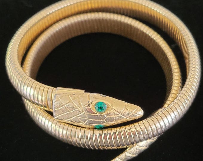 Vintage Wrap Around Gold-tone Snake Bracelet With Green Rhinestone Eyes ...