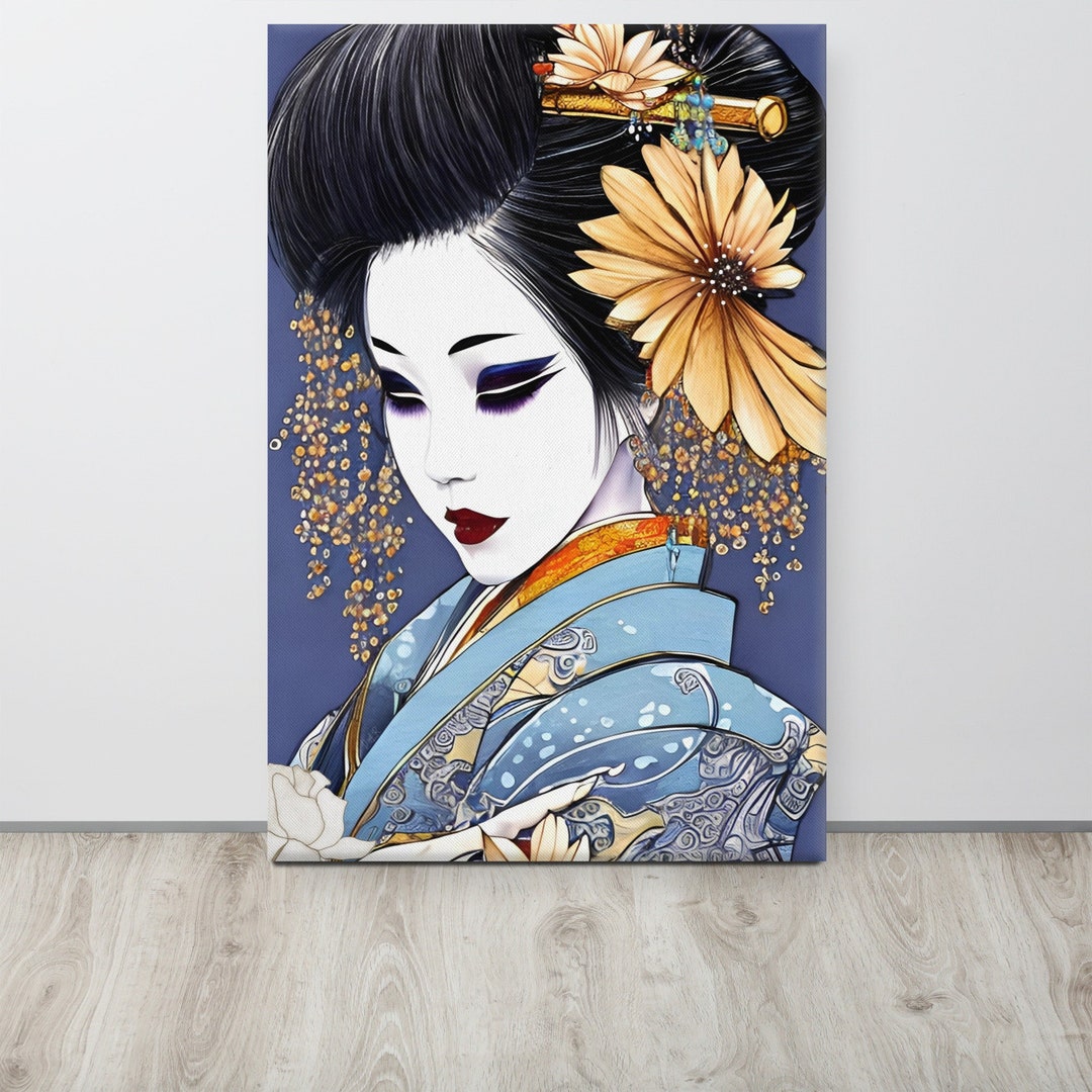 Japanese Geisha With Sakura Flowers and Lotus Blossoms - Canvas Print ...