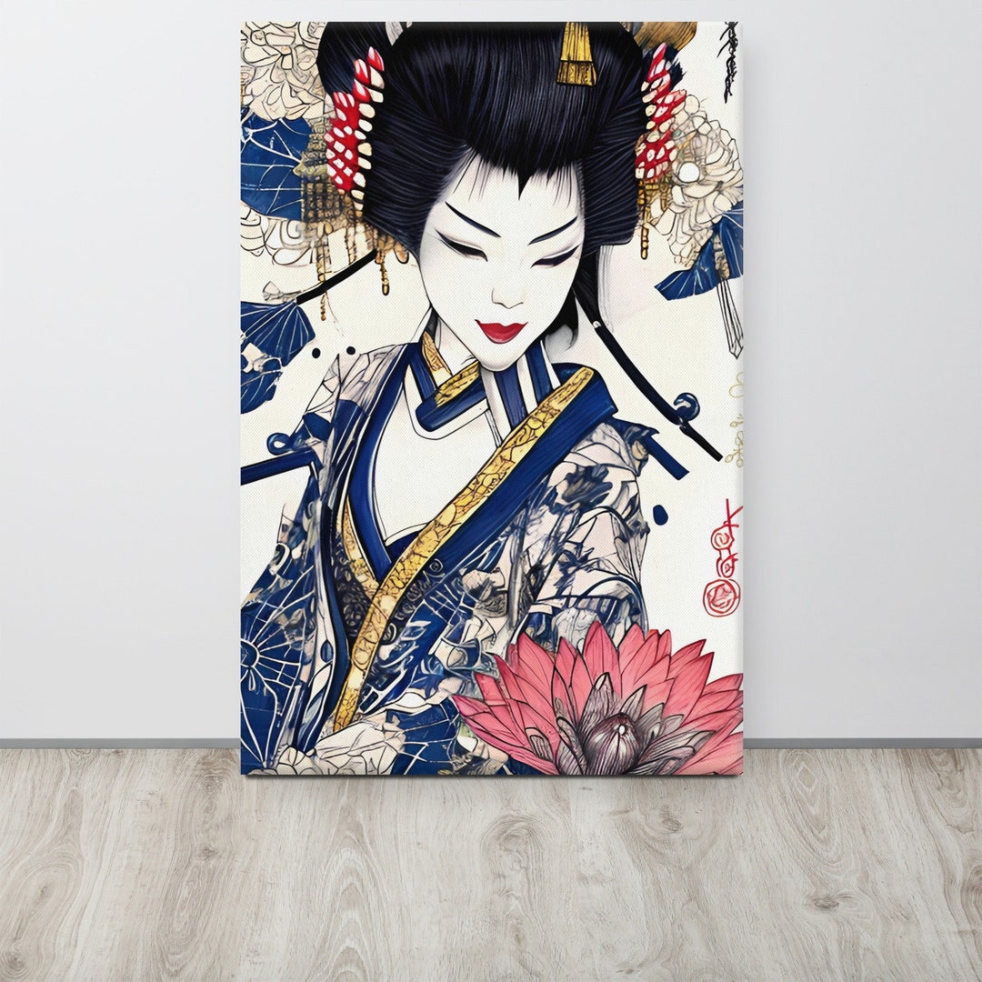 Geisha Canvas Print With Sakura Flowers - Wall Art Decoration With ...