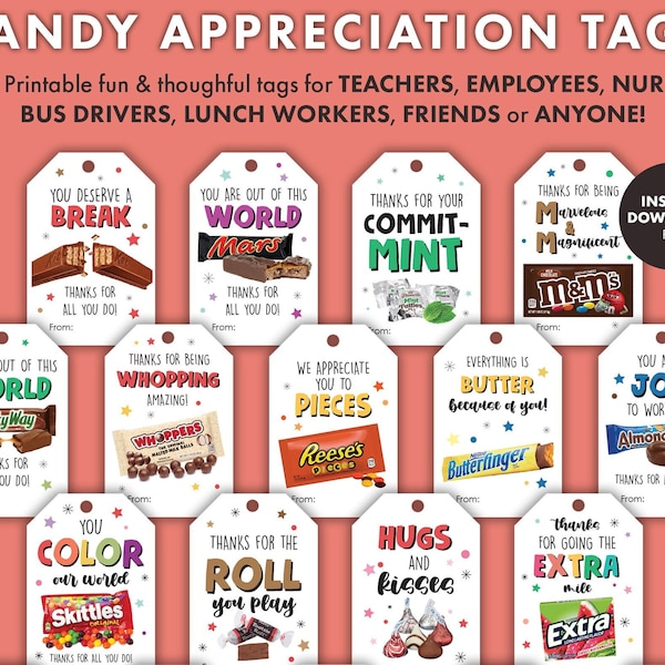 Employee Candy Bar Gift Tags Thank You Notes for Employee Appreciation ...