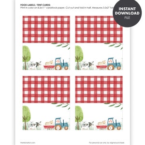 FARM ANIMAL Party Food Labels Cards Kids Birthday Decorations Decor ...