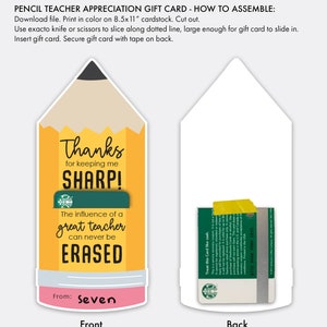 Pencil TEACHER APPRECIATION Gift Card Holder Thank You Printable ...