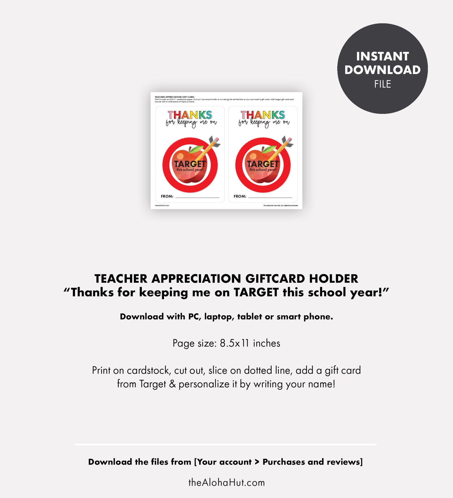 TEACHER APPRECIATION Gift Card Holder Thank You Printable Instant ...