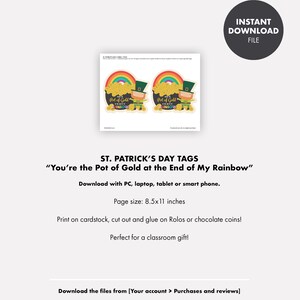 St Patrick's Day Tag Pot of Gold Rainbow Printable Kids Party Classroom ...