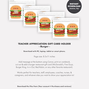 Burger Fast Food TEACHER APPRECIATION Gift Card Holder Coach Thank You ...