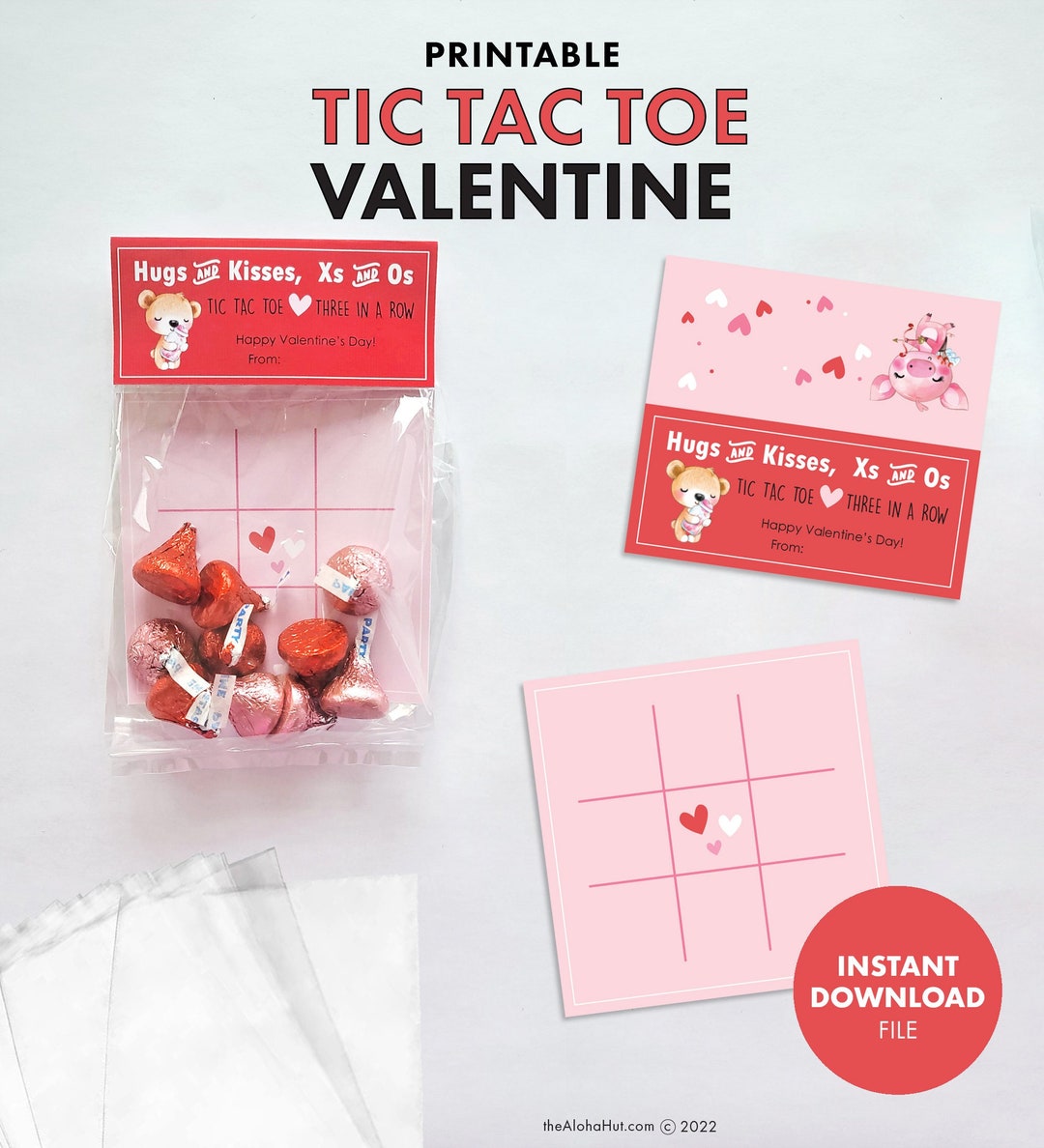 Tic Tac Toe PRINTABLE VALENTINE Hugs & Kisses Valentine's Day Kids ...
