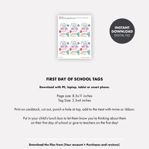 FIRST DAY of SCHOOL Treat Tag Back to School Tags Printable Digital ...