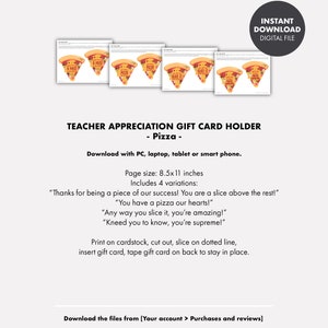 PIZZA Themed TEACHER APPRECIATION Thank You Gift Card Holder Tags Staff ...