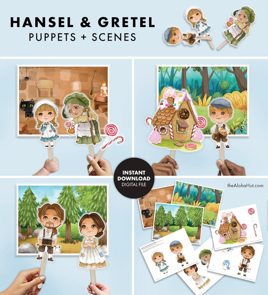 Hansel & Gretel PUPPETS and SCENES Printable Preschool Worksheets ...