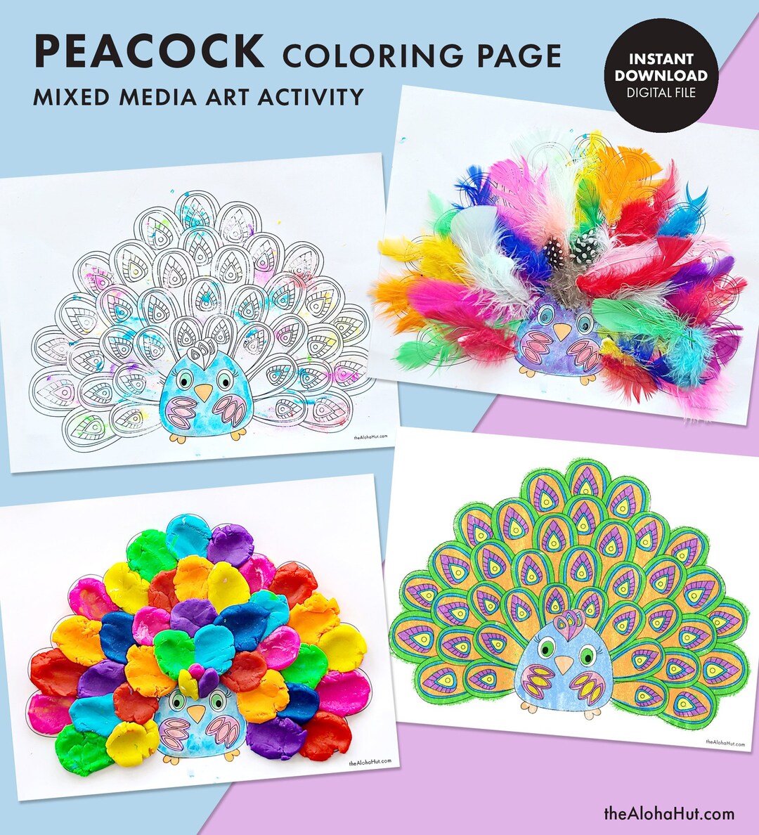 PEACOCK Coloring Page Mixed Media Art Kids Activity Printable Preschool ...