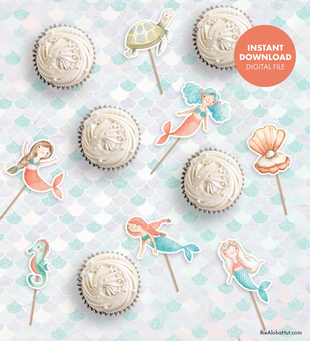 MERMAID Kids Birthday Cupcake Cake Toppers & Treat Bag Tags Digital ...