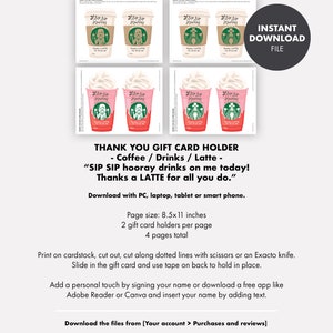 Coffee Drink TEACHER APPRECIATION Gift Card Holder Thank You Printable ...