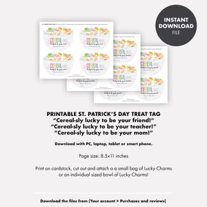 St Patrick's Day TREAT TAG Lucky Charms Printable Kids Party Classroom ...