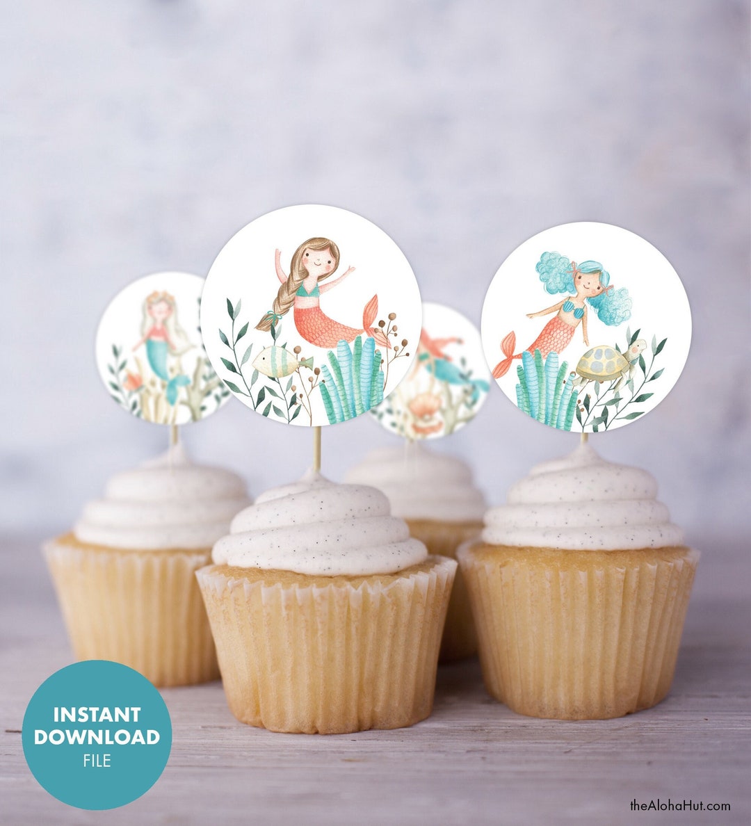 MERMAID Kids Birthday Cupcake Cake Toppers & Treat Bag Tags Digital ...