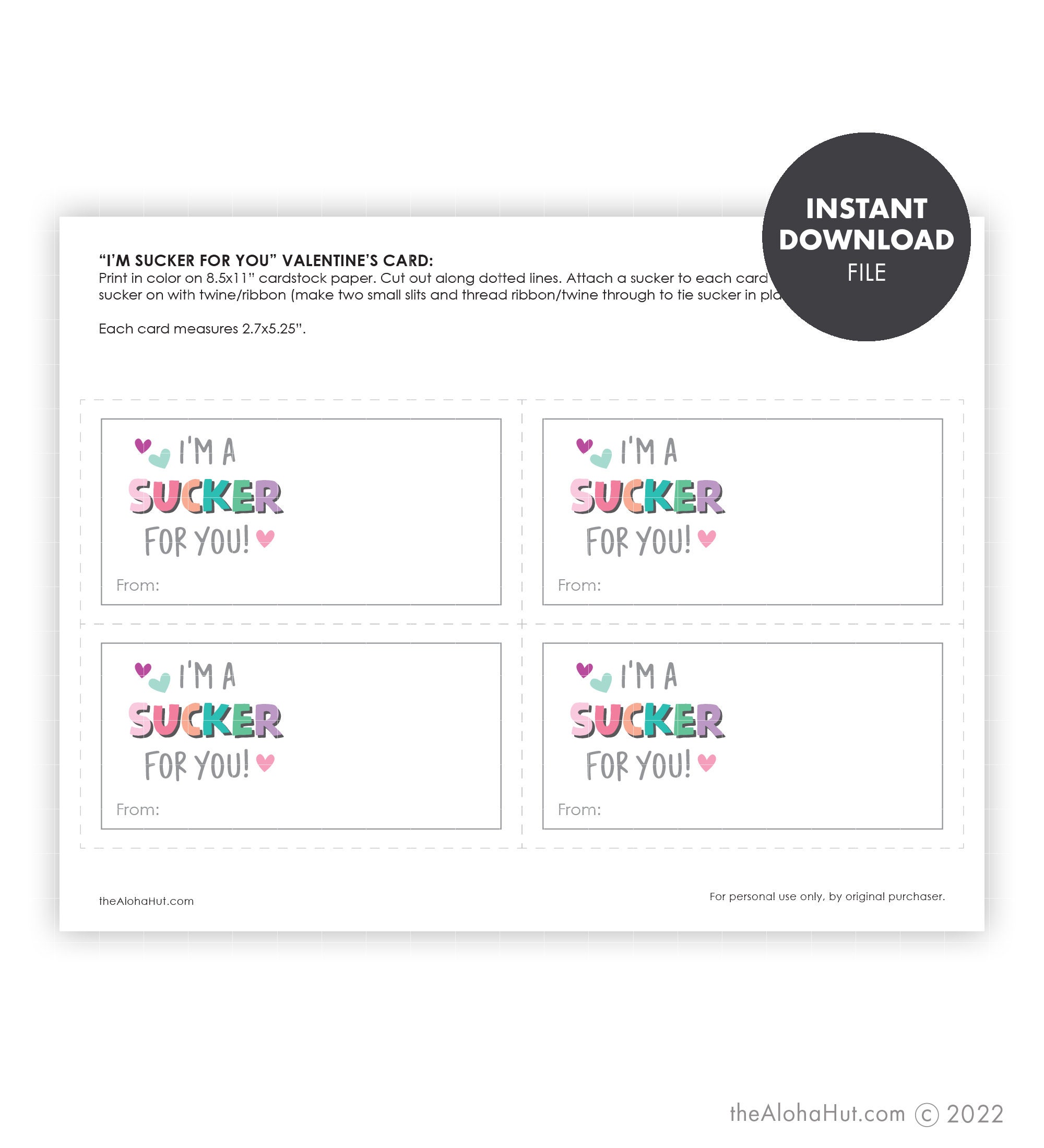 Lollipop PRINTABLE VALENTINE Valentine's Day Card Kids - Etsy