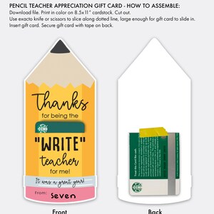 Pencil TEACHER APPRECIATION Gift Card Holder Thank You Printable ...