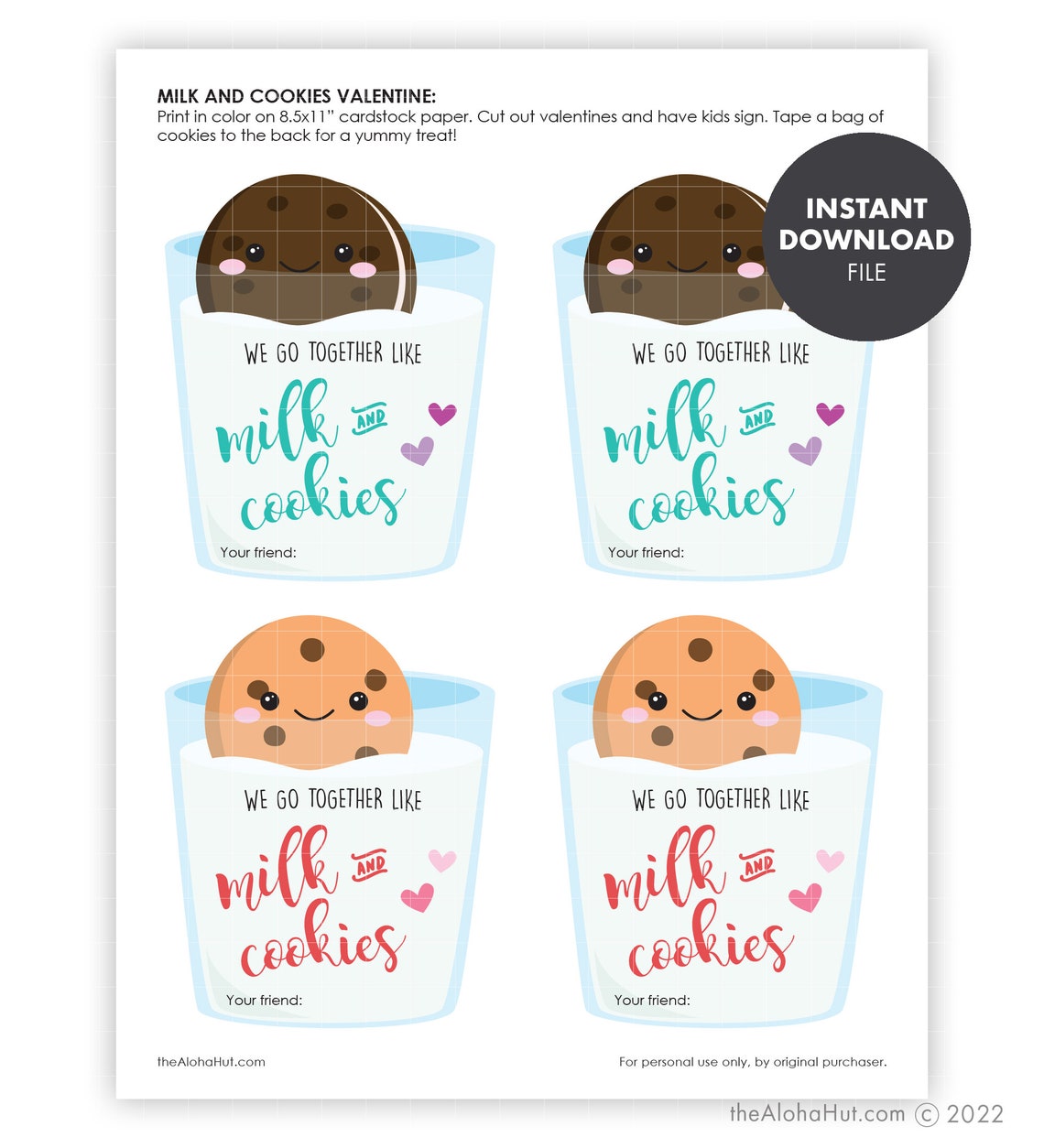 Milk & Cookies PRINTABLE VALENTINE Valentine's Day Kids - Etsy