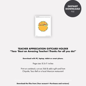 Taco TEACHER APPRECIATION Gift Card Holder Thank You Printable Instant ...