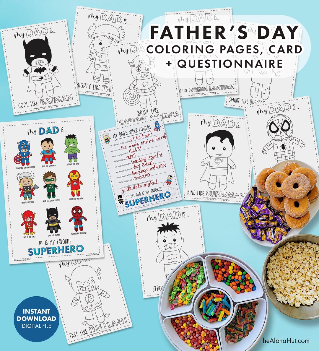 FATHER'S DAY Poster Card Coloring Pages Questionnaire SUPERHERO Gift ...