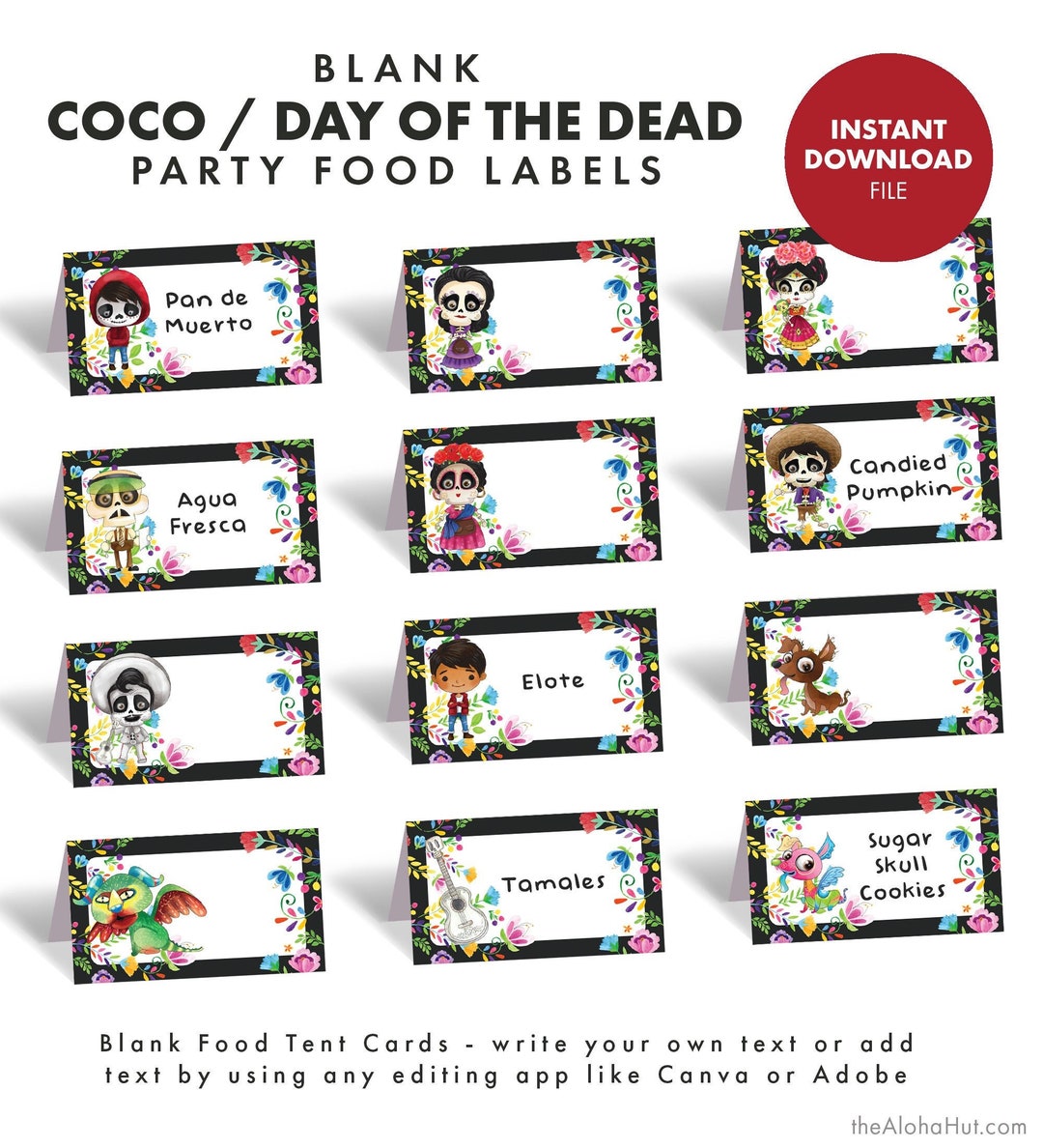 COCO Party Food Labels Tent Cards Day of the Dead Halloween Decorations ...