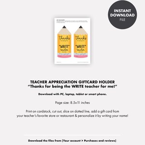 Pencil TEACHER APPRECIATION Gift Card Holder Thank You Printable ...