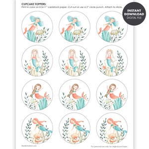 MERMAID Kids Birthday Cupcake Cake Toppers & Treat Bag Tags Digital ...
