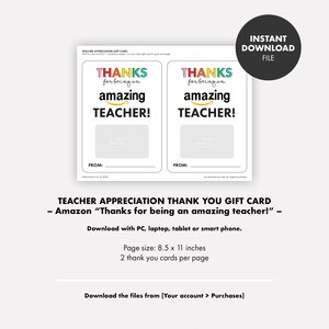 AMAZON TEACHER APPRECIATION Print Tag Gift Card Holder Thank You ...
