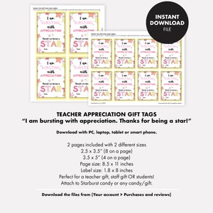 STAR STARBURST Thank You Gift Tag Teacher Appreciation Week Staff ...