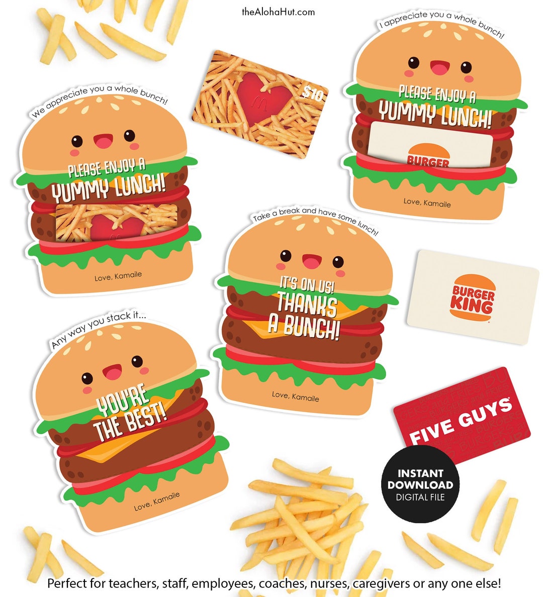 Burger Fast Food TEACHER APPRECIATION Gift Card Holder Coach Thank You ...