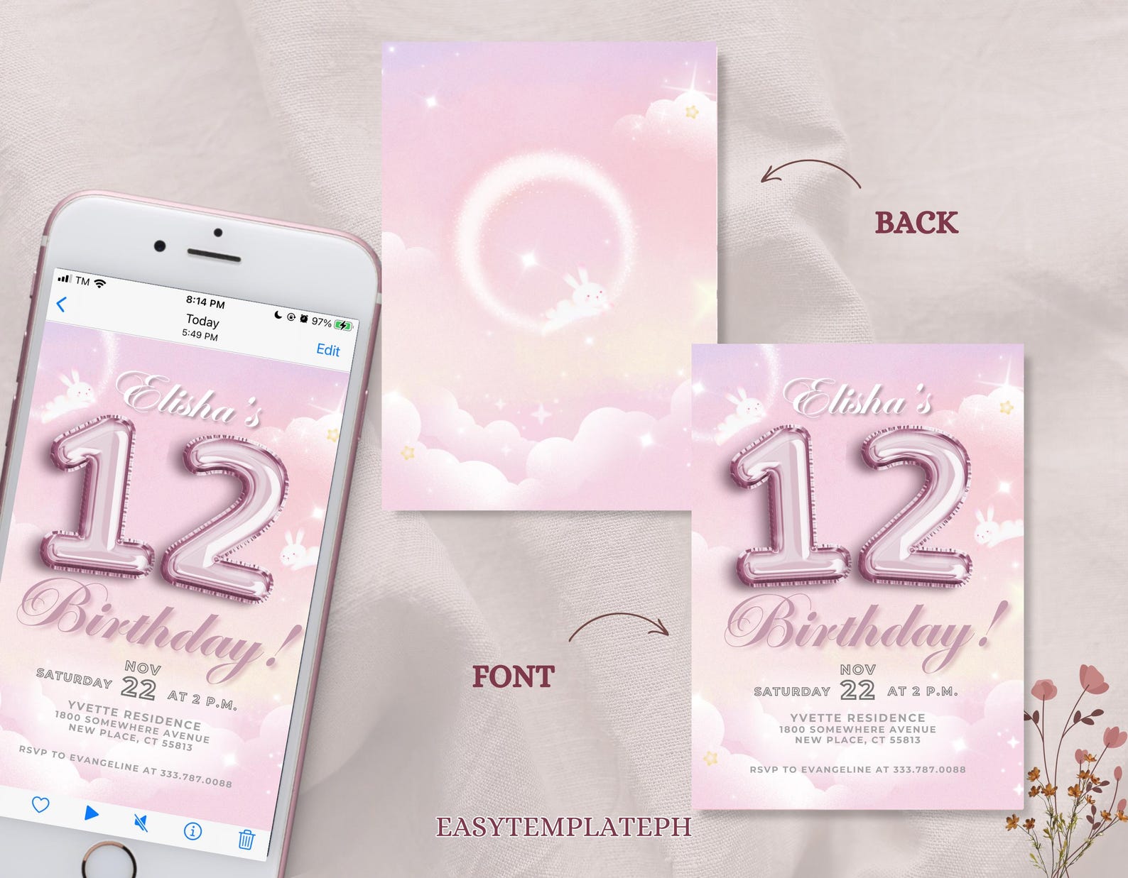 12th Birthday Invitations, Rose Gold Birthday Invitation Template 12th ...