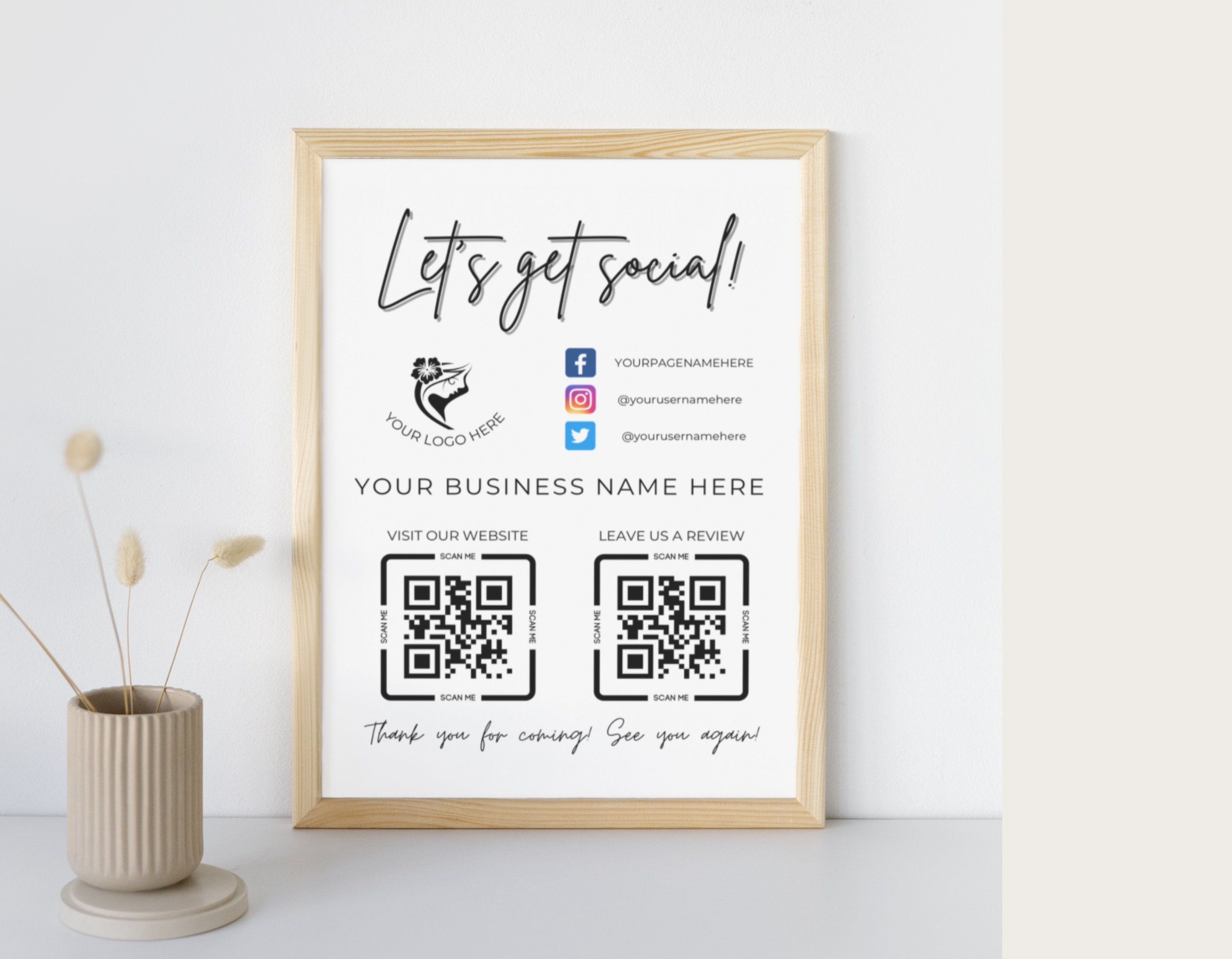 Social Media Sign Template, QR Code Sign, Instagram Facebook Follow Us ...