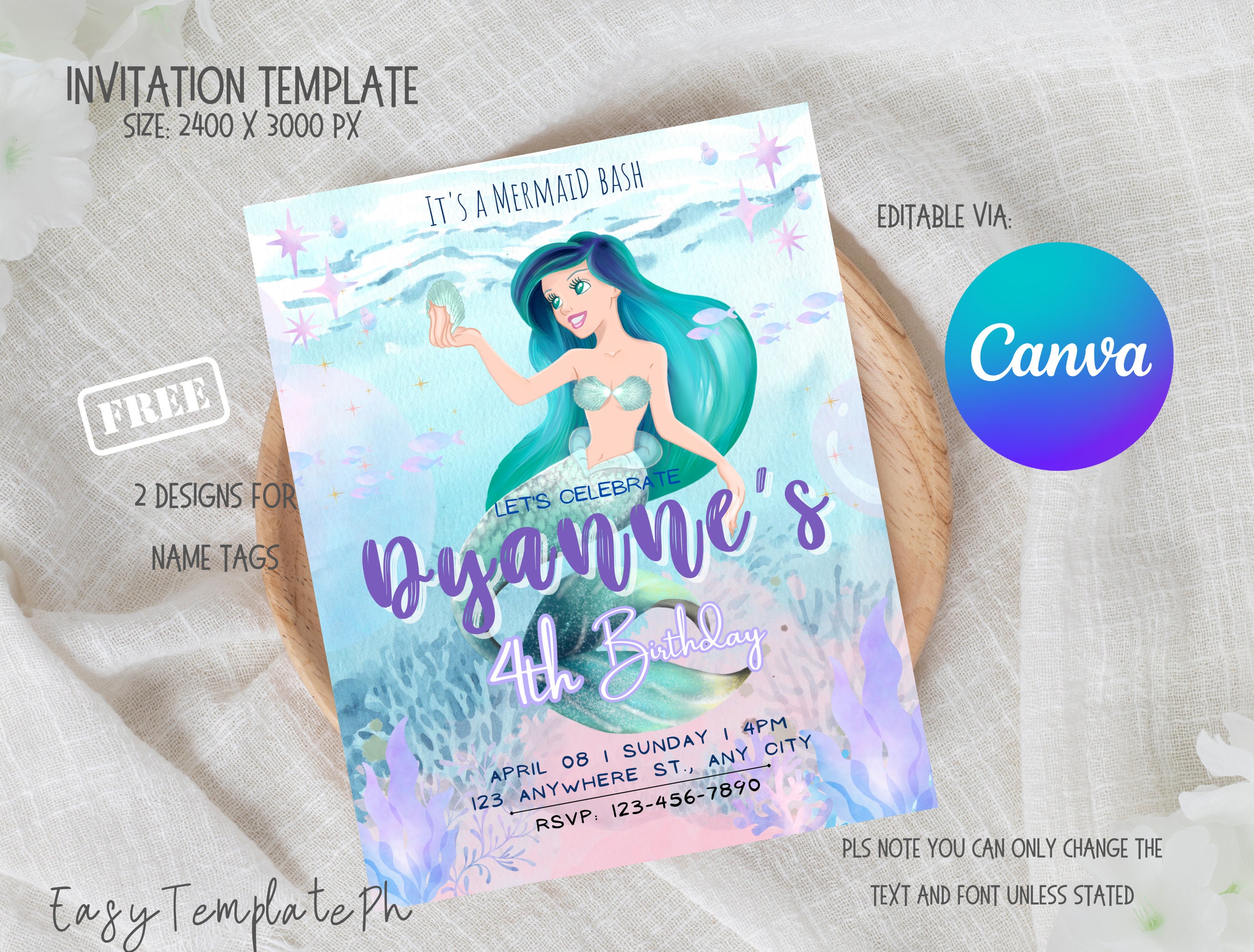 Mermaid Birthday Invitation, Canva EDITABLE Mermaid Birthday Invitation ...