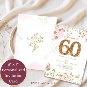 Flower Birthday Invitation Template, 60th Birthday Invitation, Floral ...